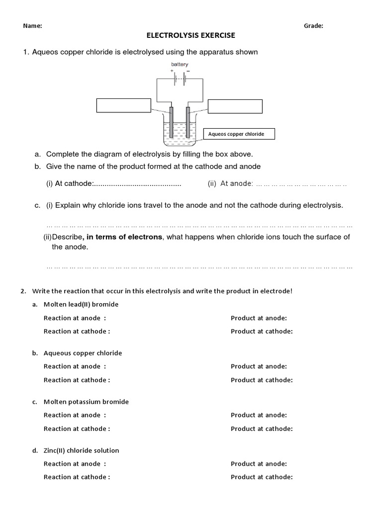 Electrolysis Exercise | PDF | Anode | Electrochemistry