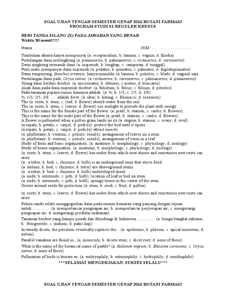 Soal Uts Botani s1 Regsus | PDF | Leaf | Flowers