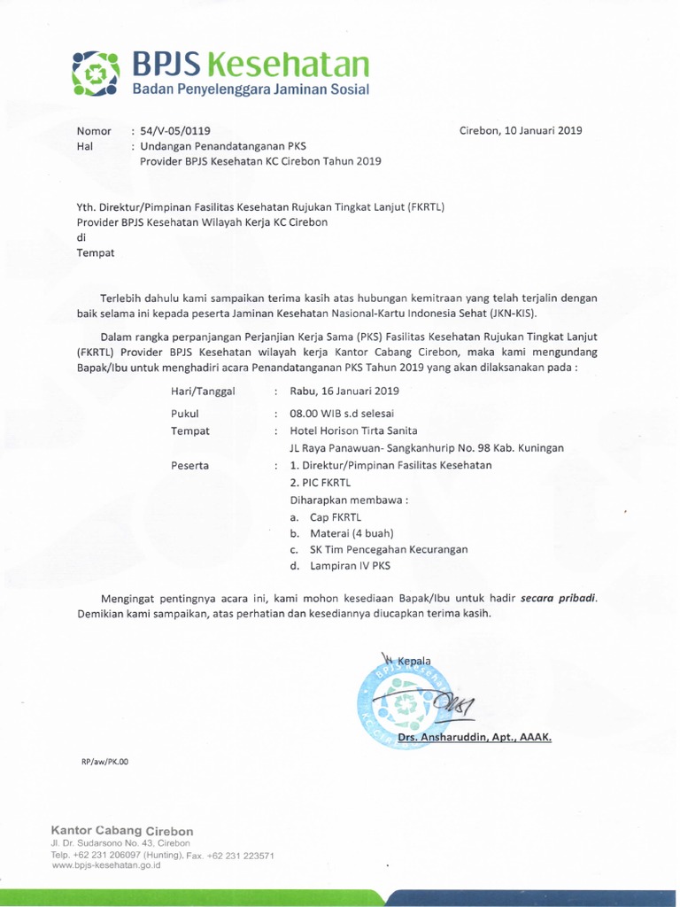 Surat Undangan TTD PKS 2019 FKRTL PDF | PDF