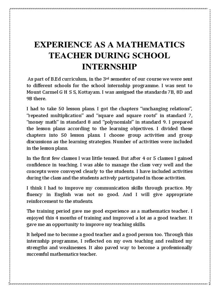 Experience As A Mathematics Teacher During School Internship | PDF ...