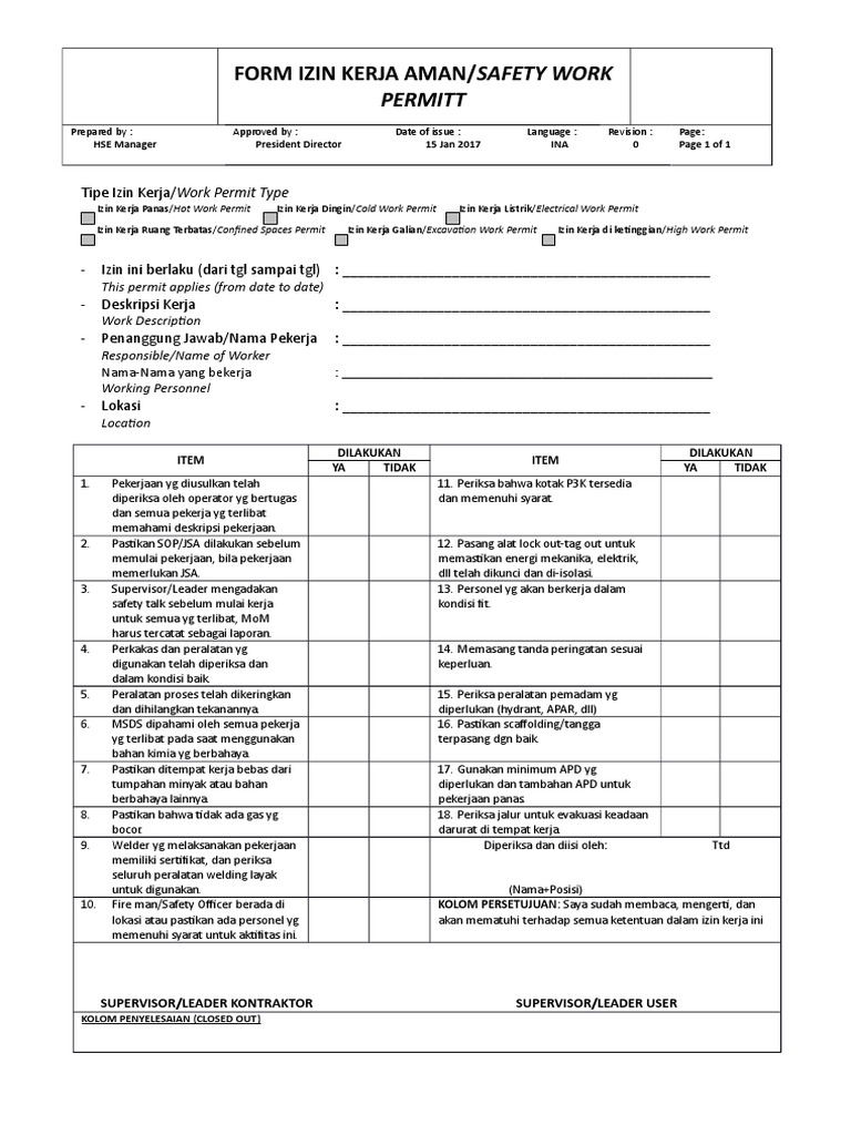 Form IZIN KERJA AMAN UPLOAD | PDF