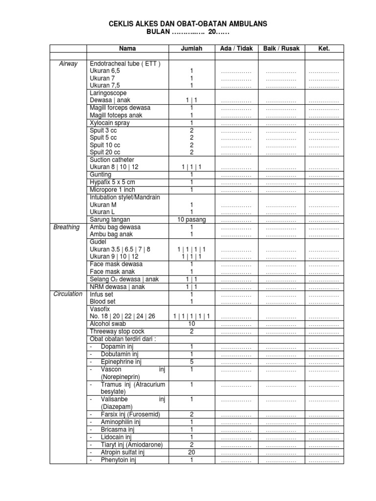 Ceklis Alkes Dan Obat Ambulans | PDF | Medical Equipment | Medical Treatments