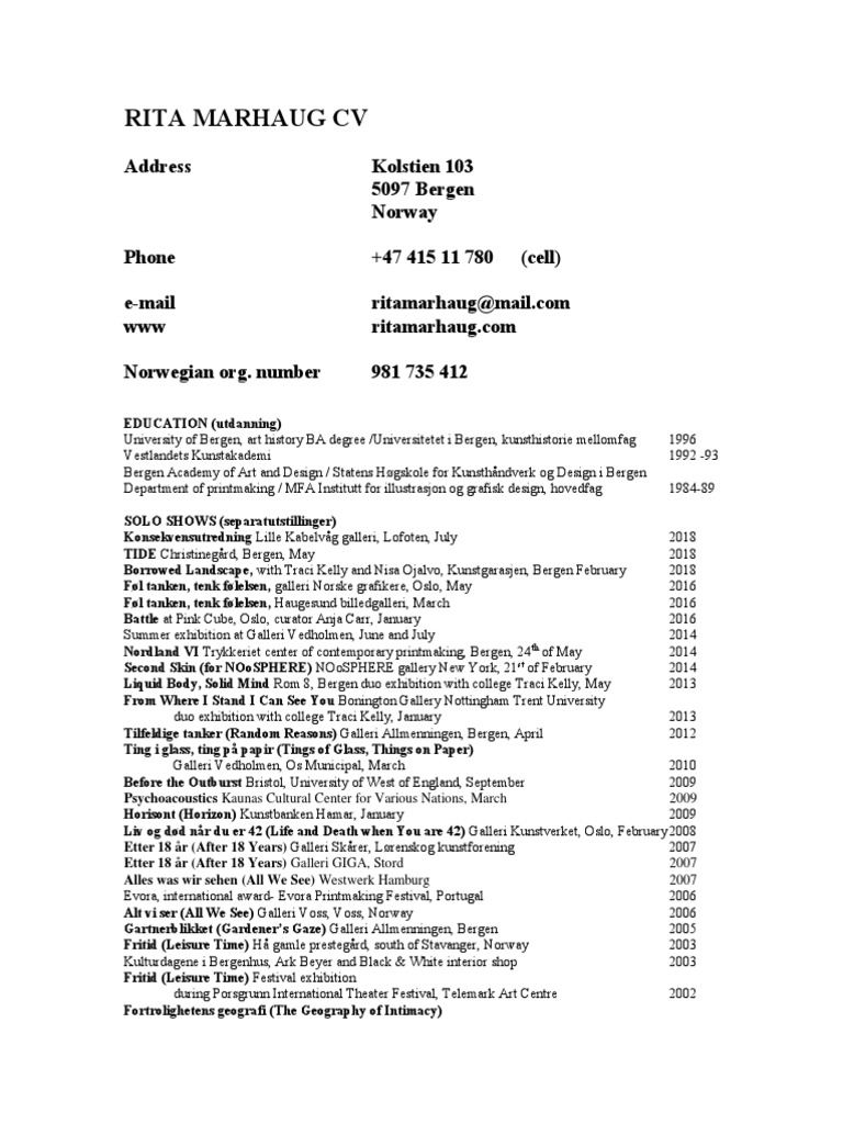 Rita Marhaug Art CV & Exhibitions | PDF | Social Science | Home & Garden