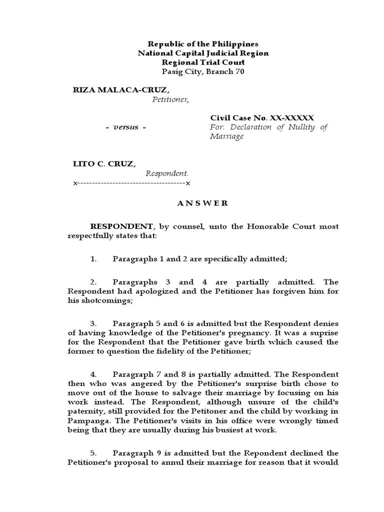 Answer For Annulment of Marriage | PDF | Annulment | Virtue