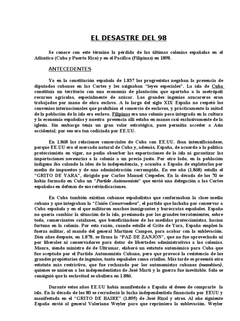 El Desastre Del 98 Pdf Cuba Imperio Español