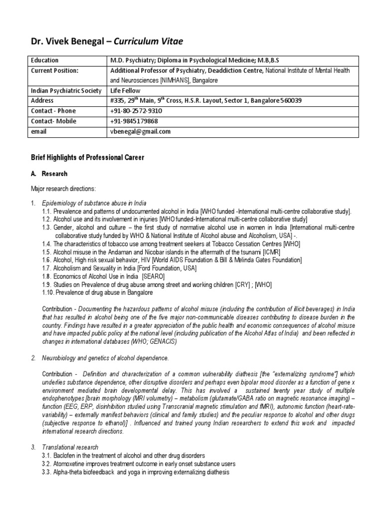 CV Vivek Benegal 0610 | PDF | Alcoholism | Psychiatry