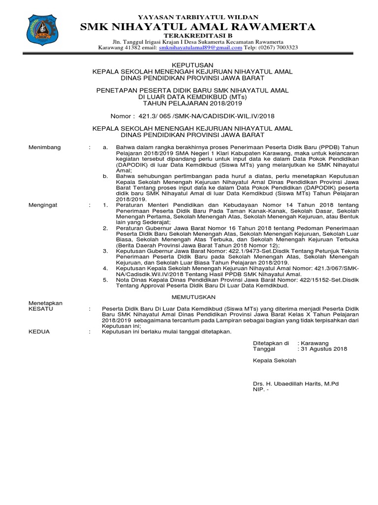 Contoh SK Penetapan PPDB Smkna | PDF
