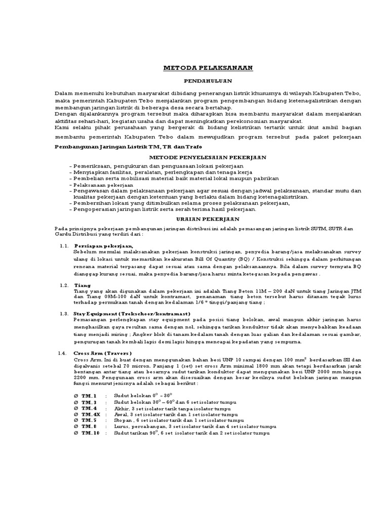 Metode Pelaksanaan TM, TR, Trafo | PDF