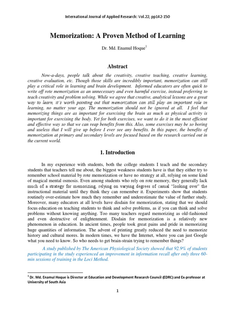 Memorization: A Proven Method of Learning | PDF | Working Memory | Memory