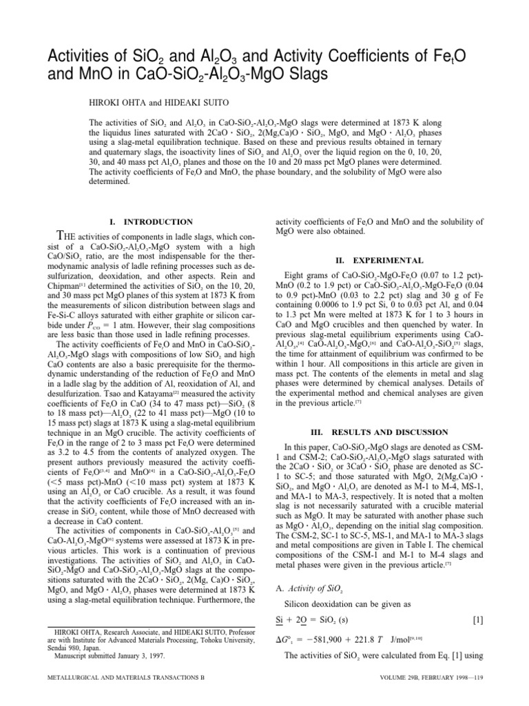 Activities of SiO2 and Al2O3 and Activity Coefficients of FetO and MnO in CaO-SiO2-Al2O3-MgO ...