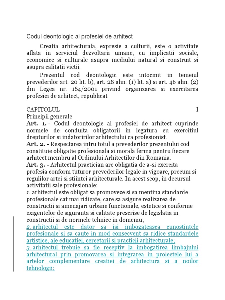 Codul Deontologic Al Profesiei de Arhitect | PDF