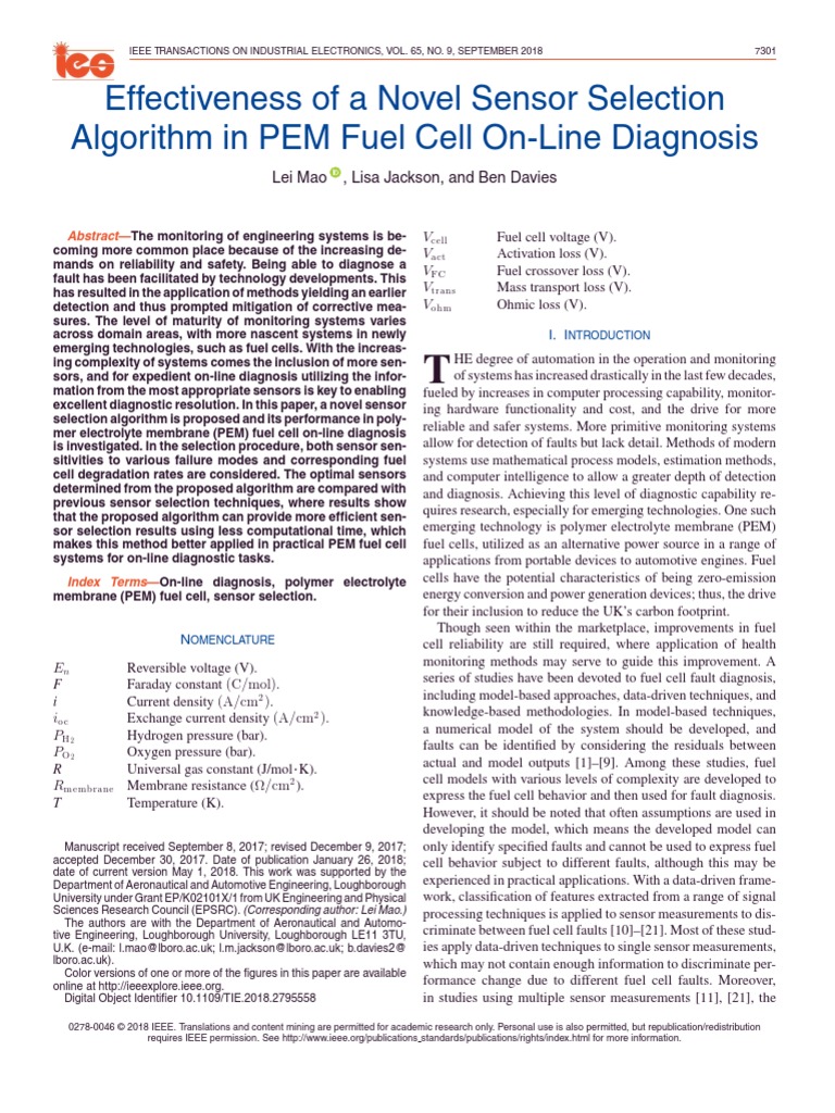 Effectiveness of A Novel Sensor Selection Algorithm in PEM Fuel Cell On ...