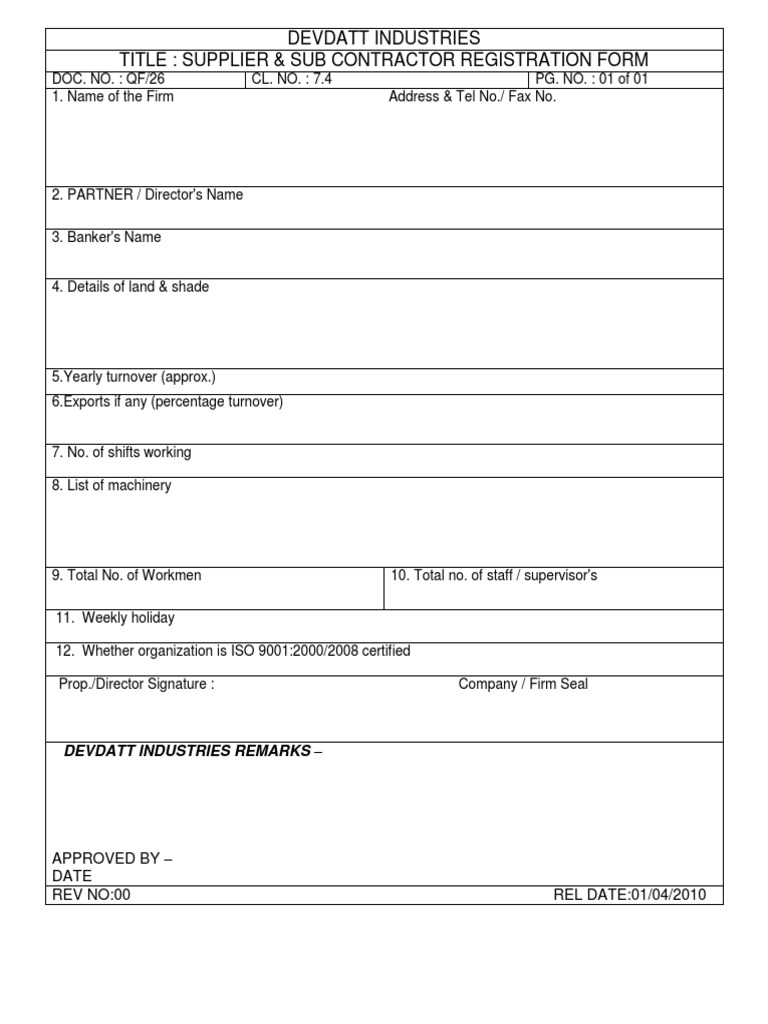 Devdatt Industries Title: Supplier & Sub Contractor Registration Form ...