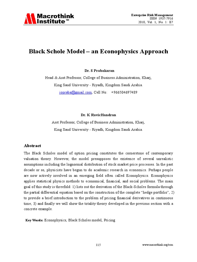 Black Schole Model - An Econophysics Approach: Dr. S Prabakaran | PDF ...