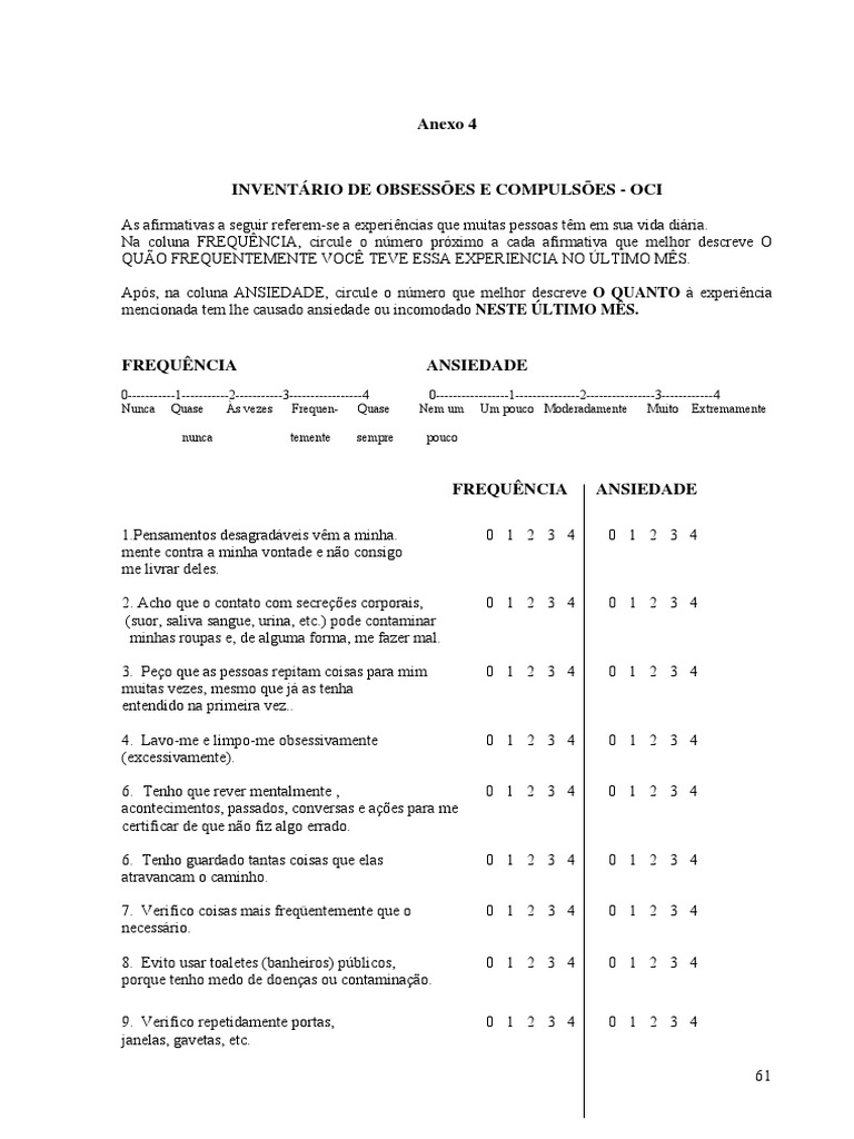 Inventário de Obsessões e Compulsões: Questionário para Avaliar Sintomas de TOC | PDF ...