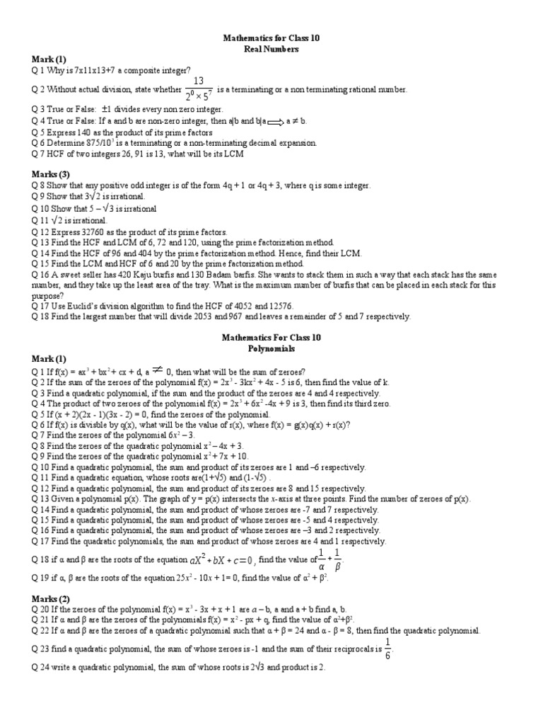 Mathematics For Class 10 Real Numbers | PDF | Quadratic Equation ...