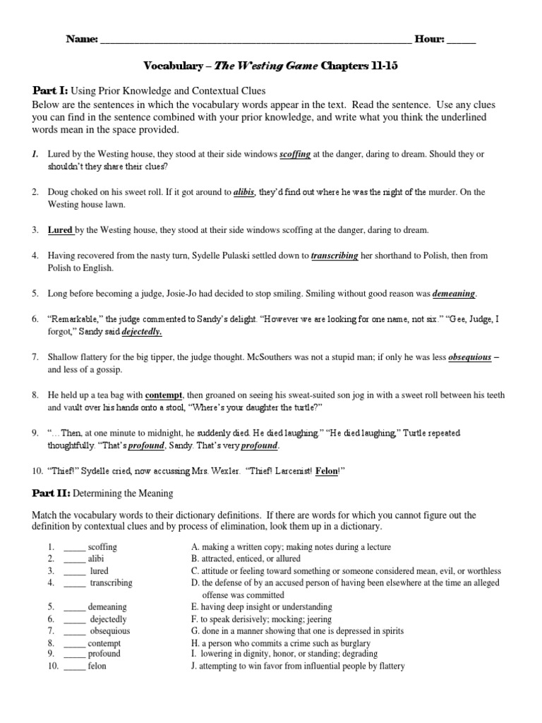 The Westing Game Ch. 11-15 Vocab | PDF