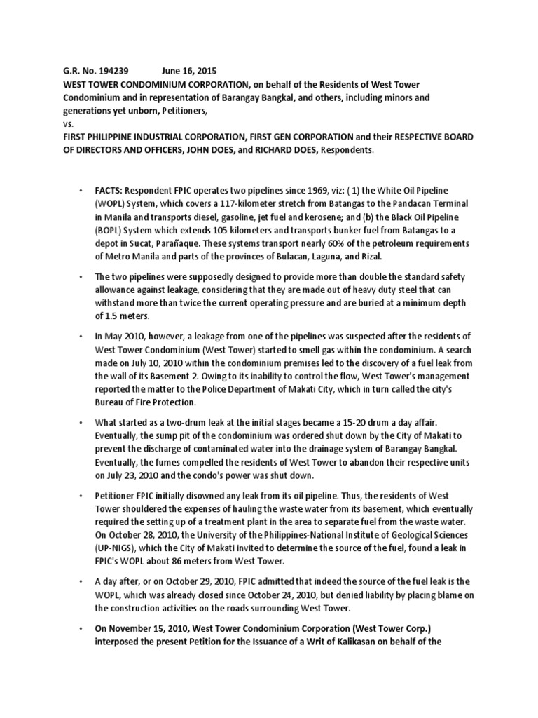 West Tower Condo vs. FPIC: Pipeline Leak Case | PDF | Metro Manila ...