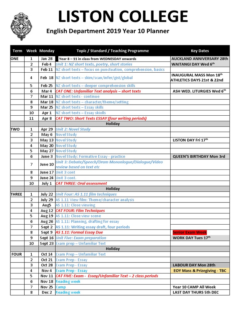 Year 10 Planner 2019 | PDF | Essays | Communication