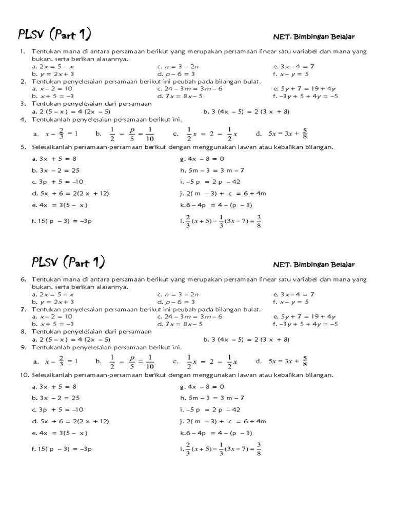 Latihan Soal PLSV (Part 1) Kelas 7 | PDF