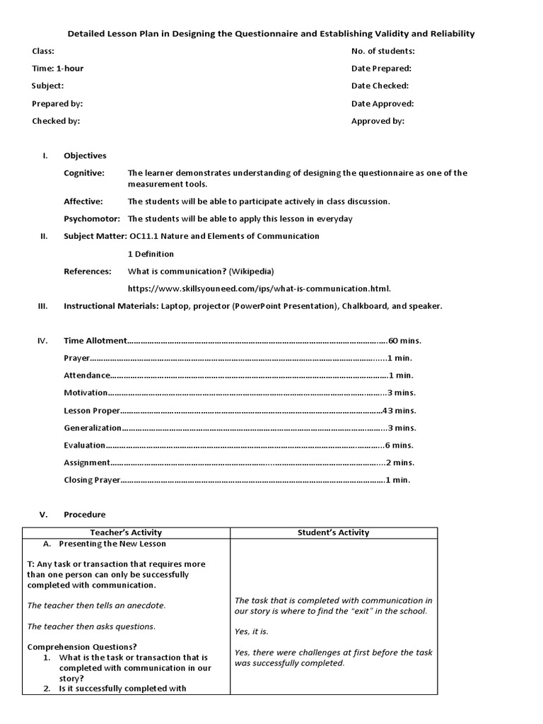 Detailed Lesson Plan in Designing The Questionnaire and Establishing ...