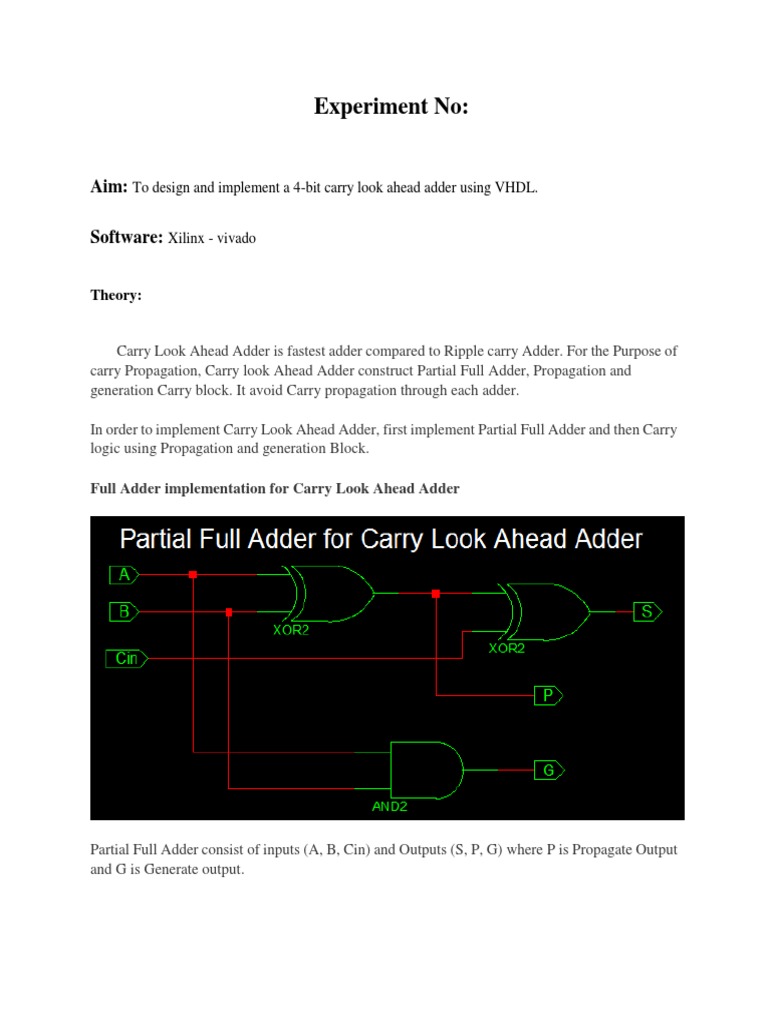 Experiment No:: To Design and Implement A 4-Bit Carry Look Ahead Adder Using VHDL | PDF ...