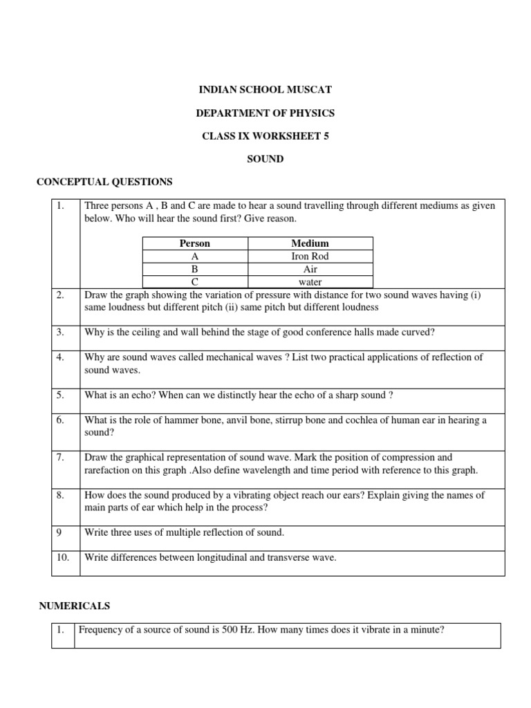 Class Ix Physics Worksheet 5 Work&Energy 2018-19 | PDF | Sound | Hearing
