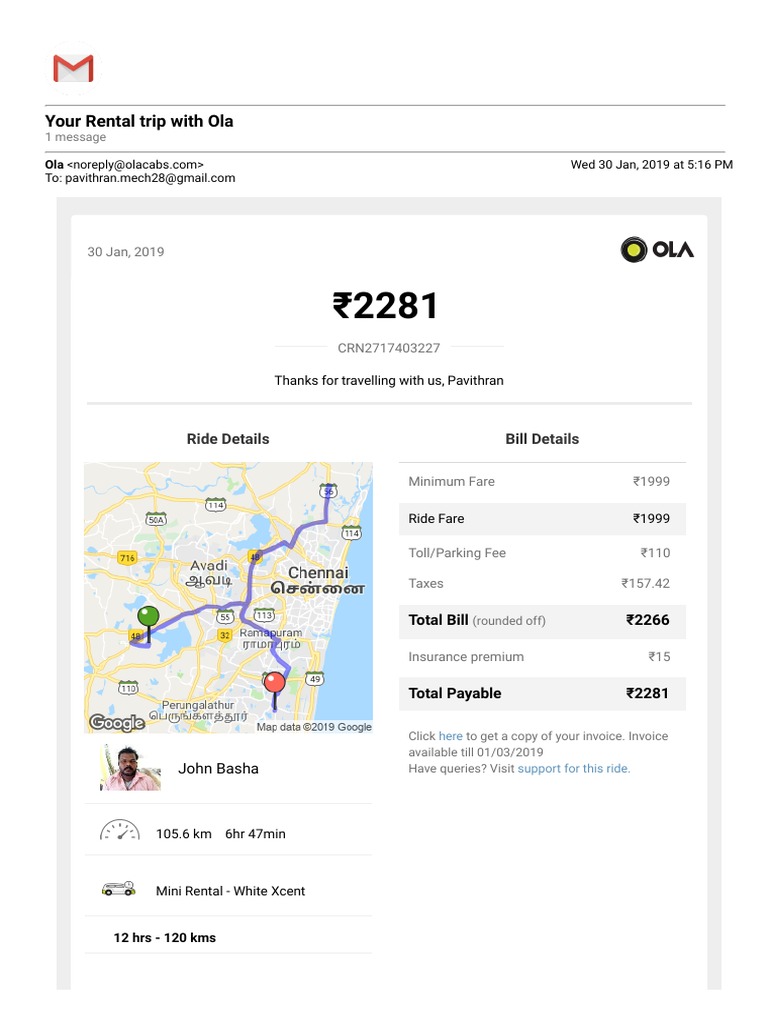 An invoice and receipt from Ola for a rental trip providing detailed ...