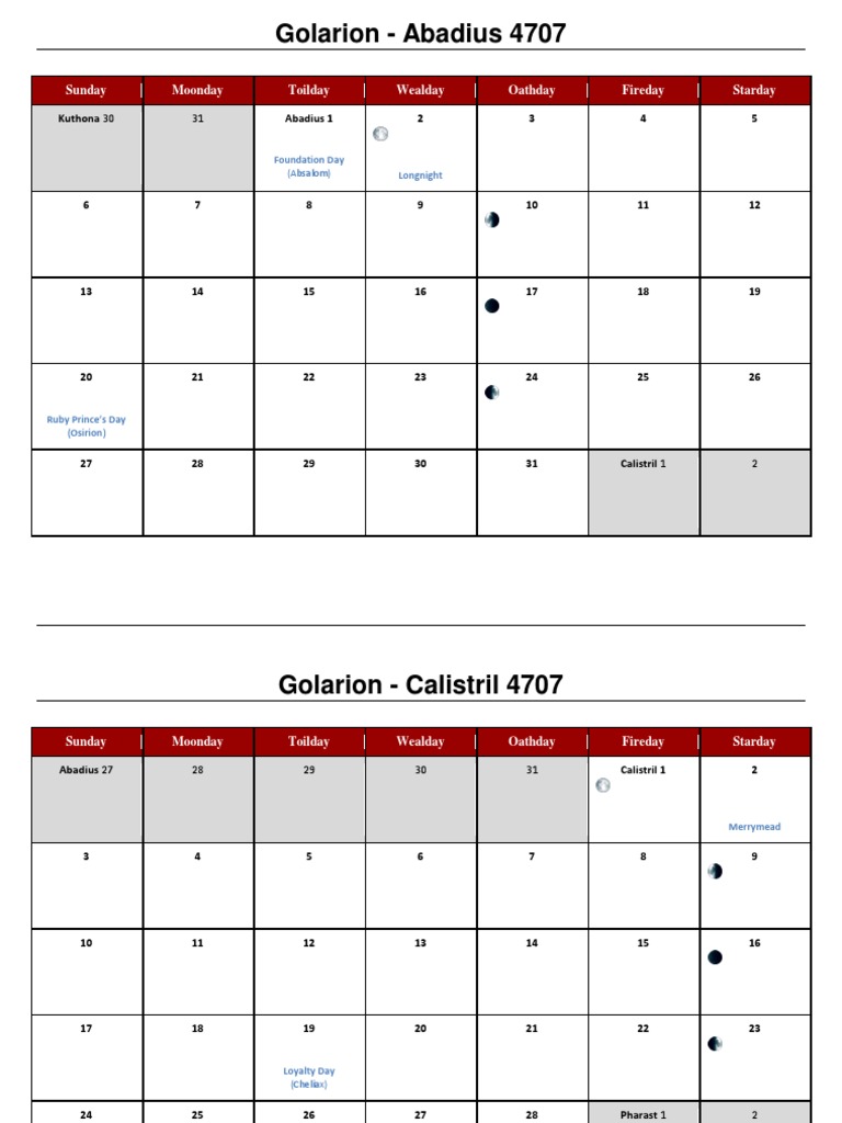 Golarion Calendar: Abadius to Kuthona | PDF | Leisure