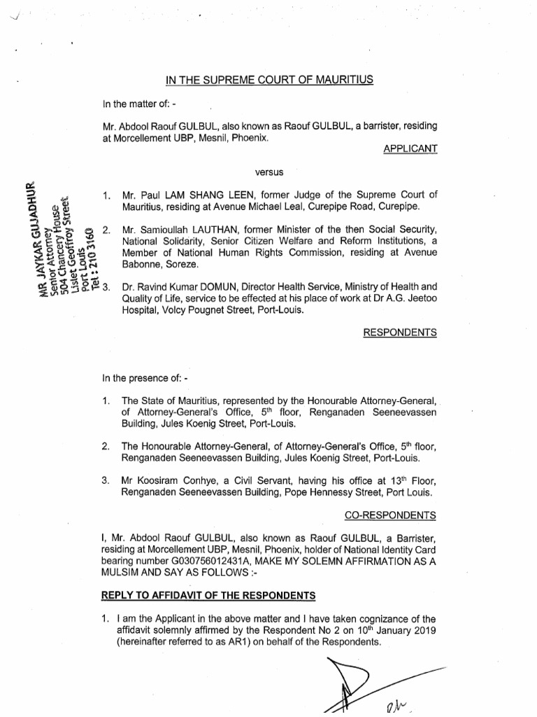 Affidavit - MR Abdool Raouf Gulbul Vs MR Paul Lam Shang Leen & Ors | PDF