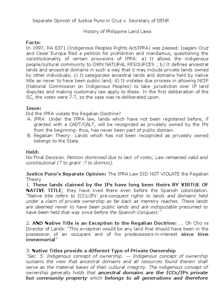 Separate Opinion of Justice Puno in Cruz V Secretary of DENR | PDF ...