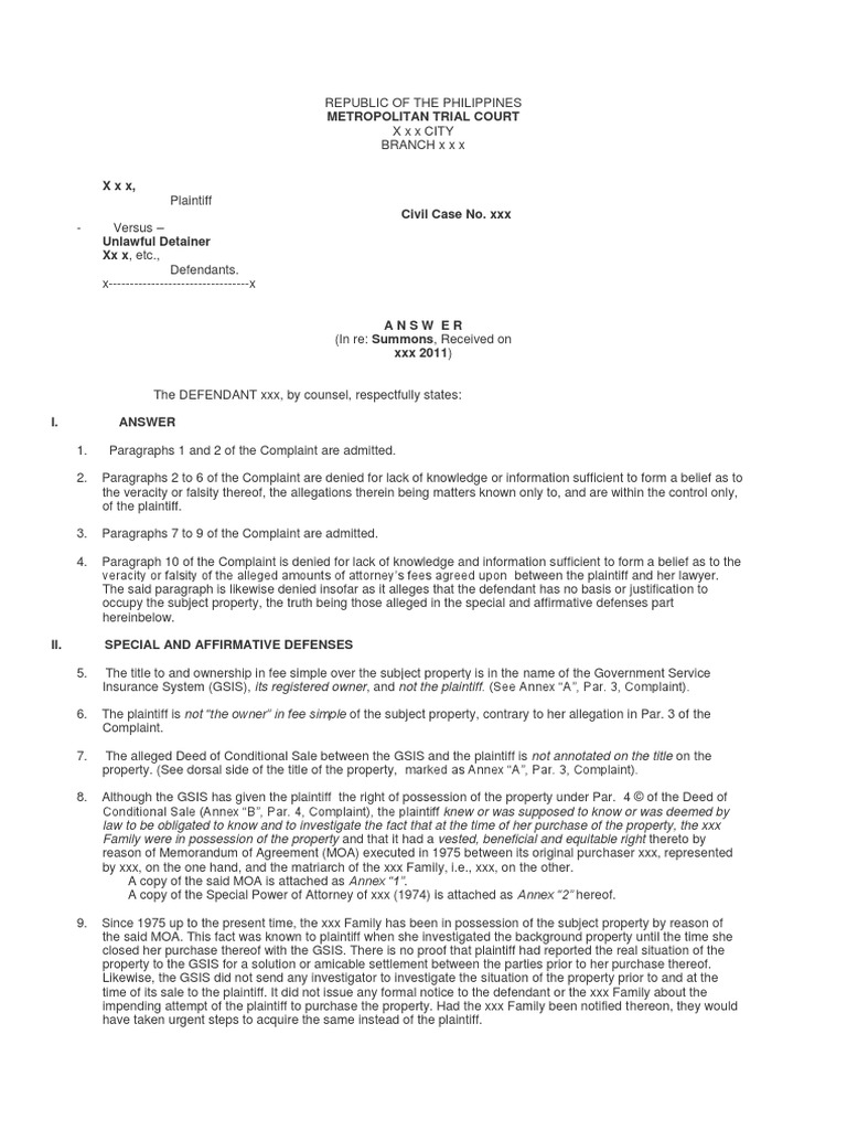 Answer in An Ejectment Case | PDF | Lawsuit | Complaint