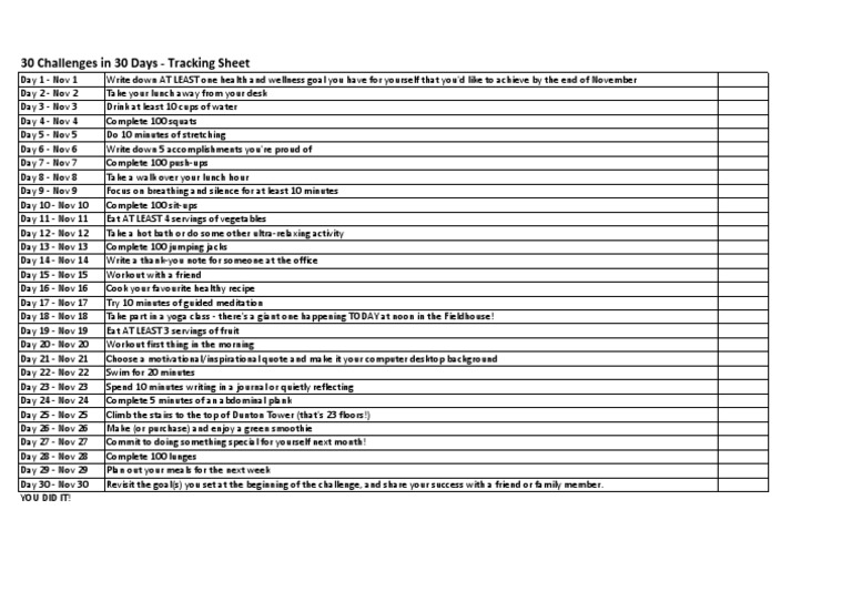 30 Challenges in 30 Days Tracking Sheet | PDF
