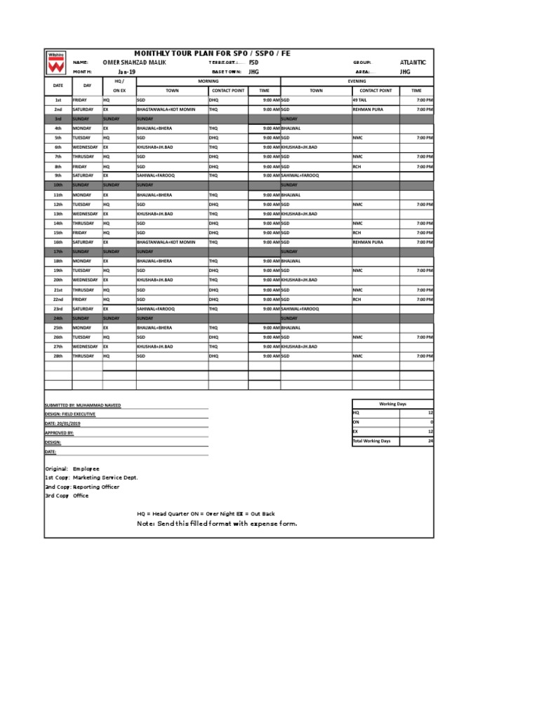 Omer Shahzad Malik FSD Atlantic Jan-19 JHG JHG: Monthly Tour Plan For Spo / Sspo / Fe | PDF