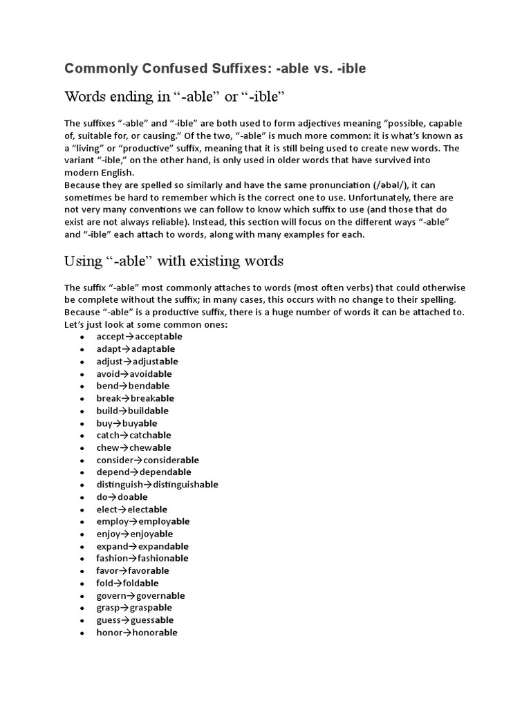 Understanding -able and -ible Suffixes | PDF | Onomastics | Grammar