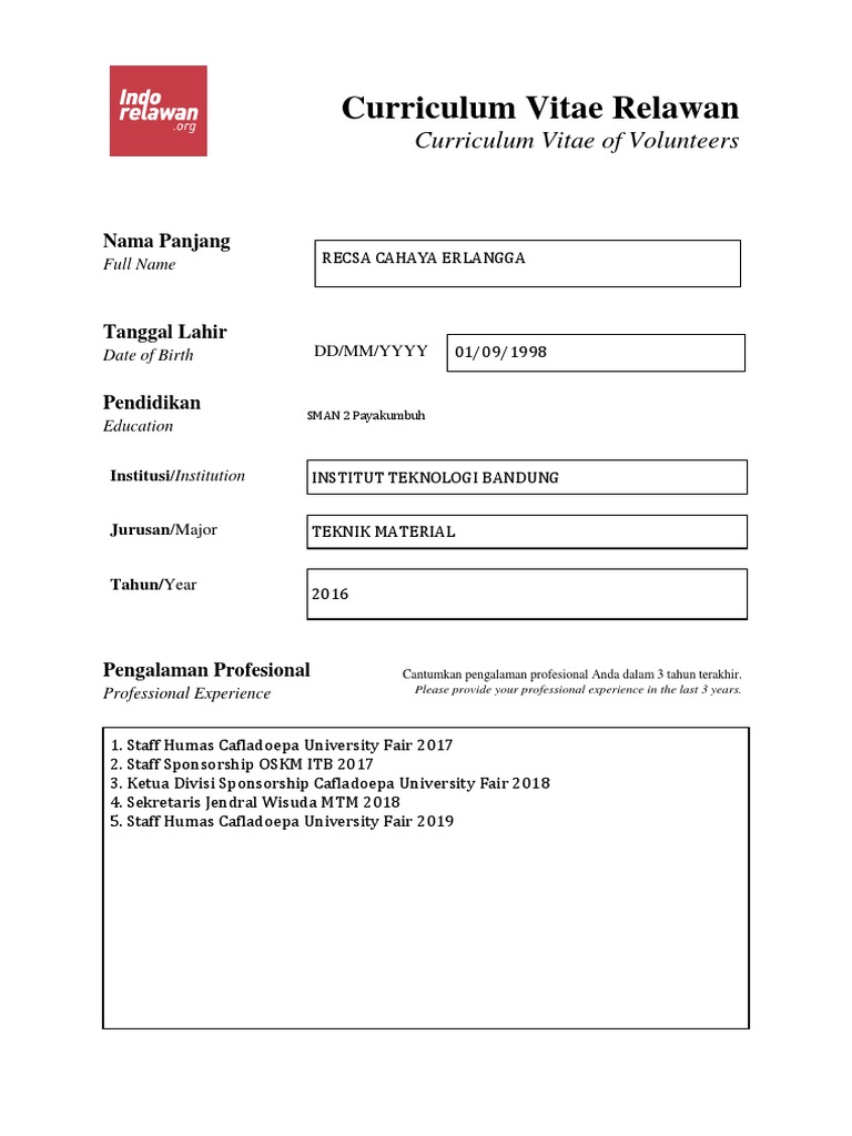 Curriculum Vitae Relawan | PDF