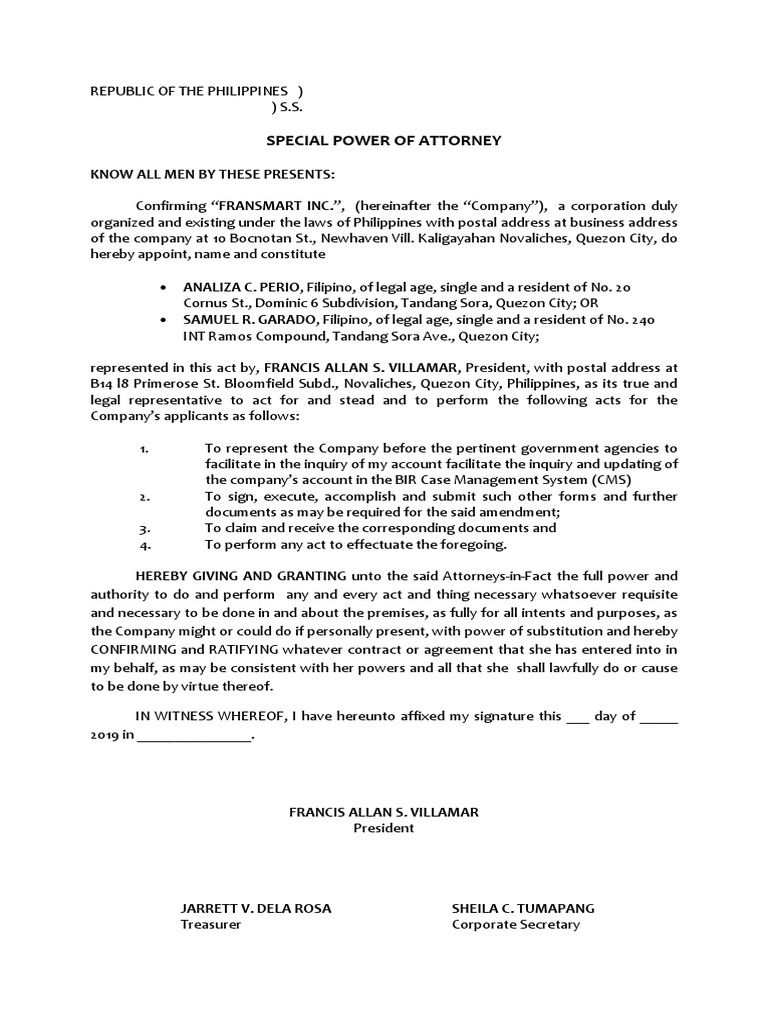 Special Power of Attorney for BIR CMS | PDF | Power Of Attorney ...