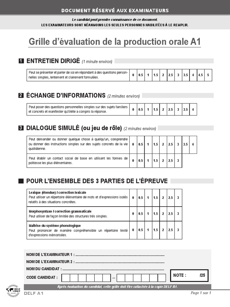 grille-evaluation-production-orale-delf-a1-tp.pdf | Linguistique | Sciences cognitives | Prueba ...