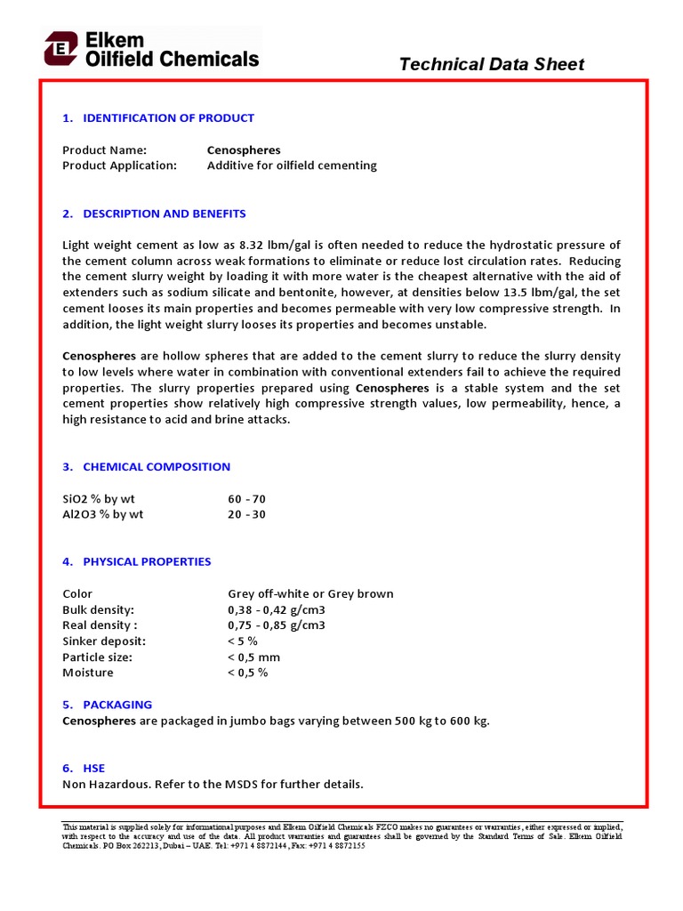 Lightweight Cement Additive Cenospheres Technical Data Sheet | PDF ...