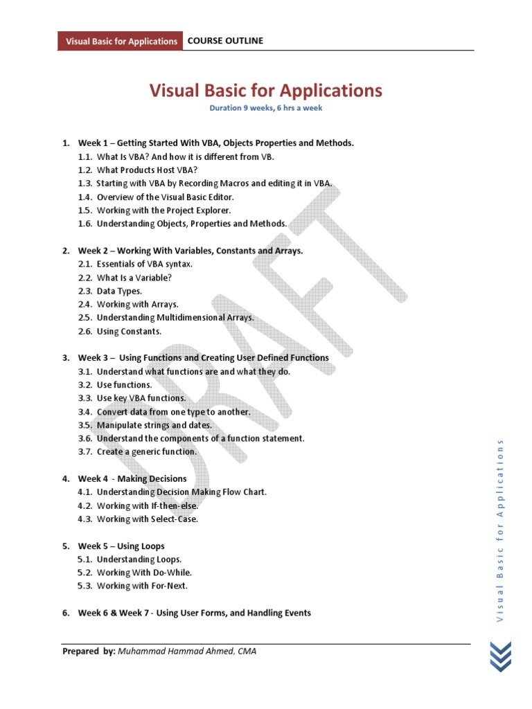 Visual Basic for Applications Course Outline | PDF | Visual Basic For ...