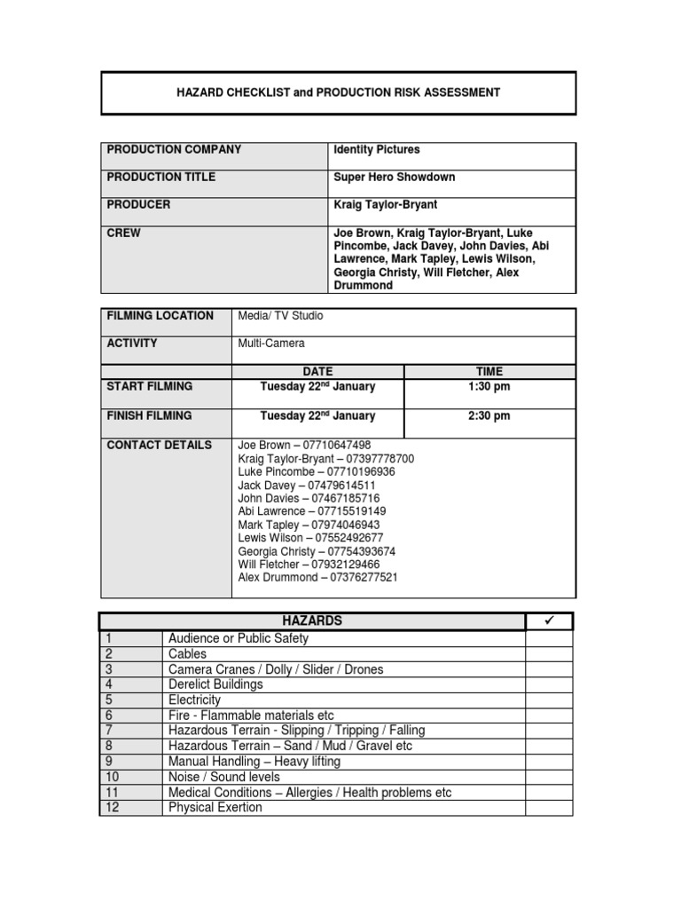 Hazard Checklist and Production Risk Assessment | PDF | Risk | Prevention