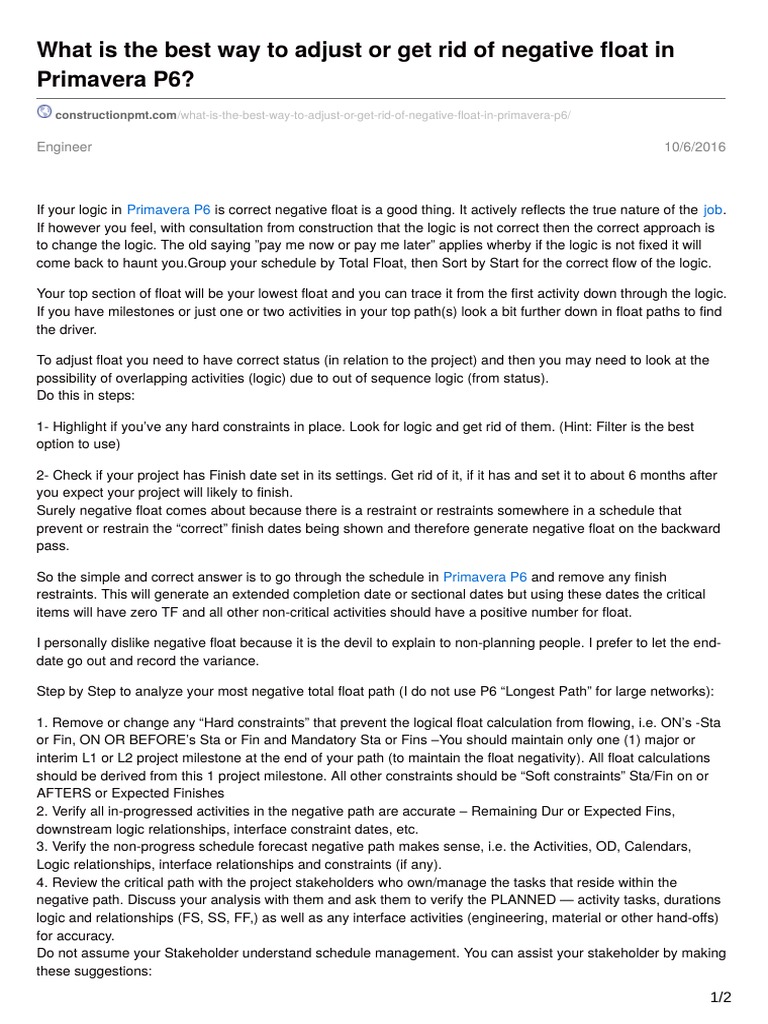 Managing Negative Float in Primavera P6 | PDF | Risk | Applied Mathematics