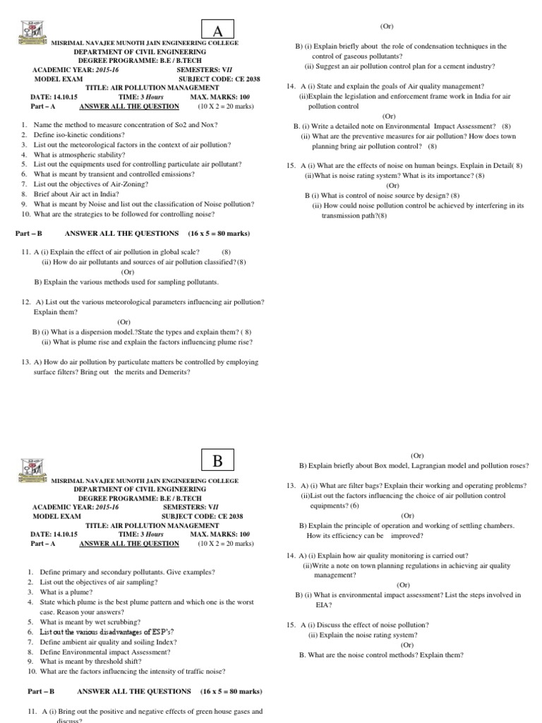 Air Pollution Model Question Paper | PDF | Air Pollution | Atmosphere ...