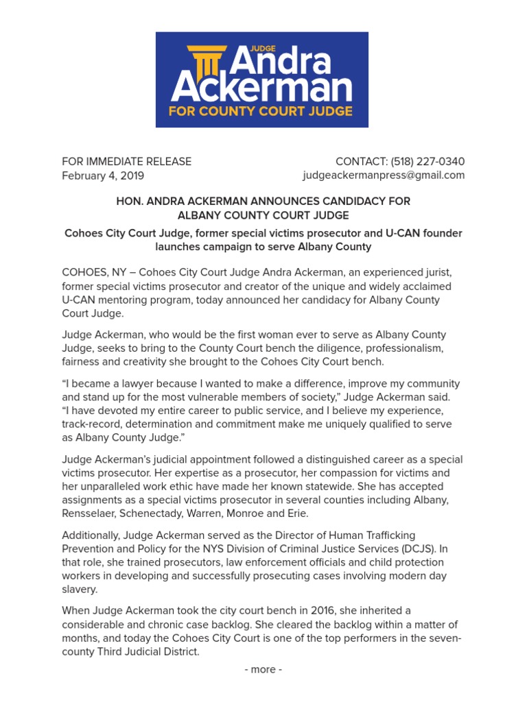 Judge Andra Ackerman Launches Bid For County Court - Press Release ...