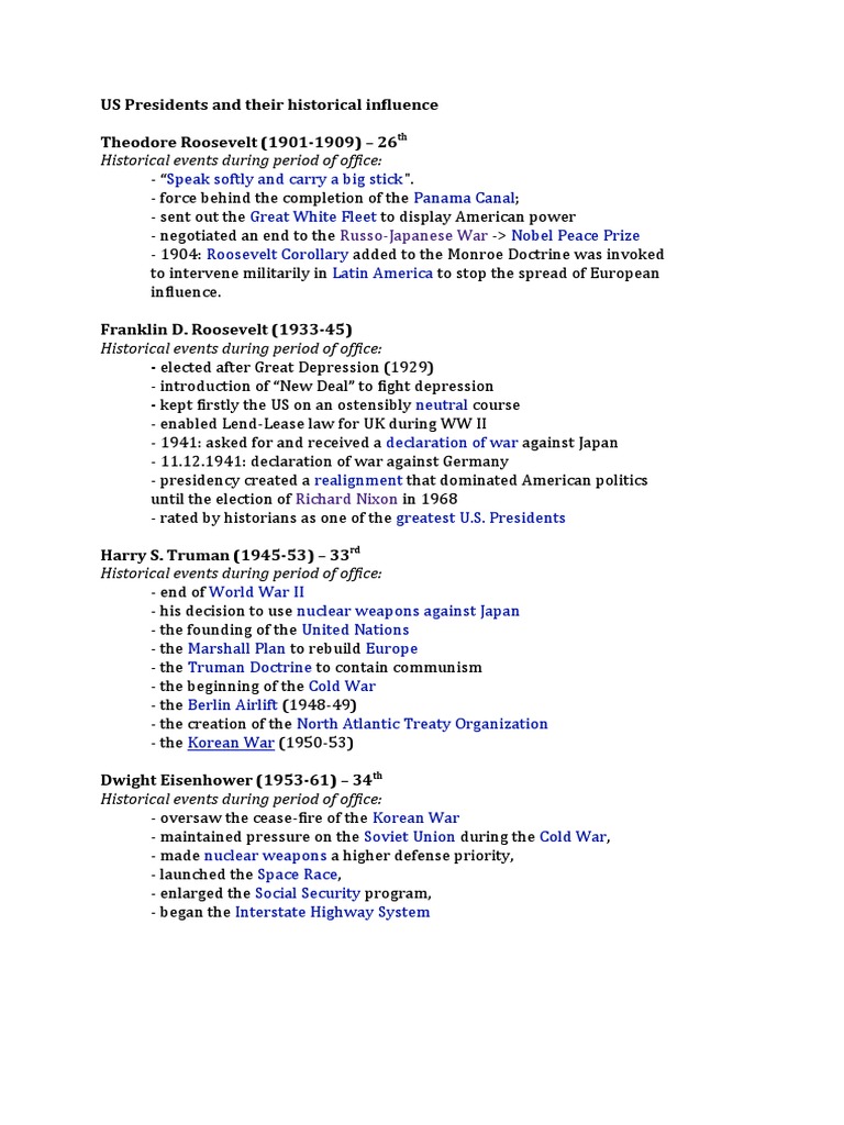 US Presidents and Their Impact on Historical Events from Theodore ...