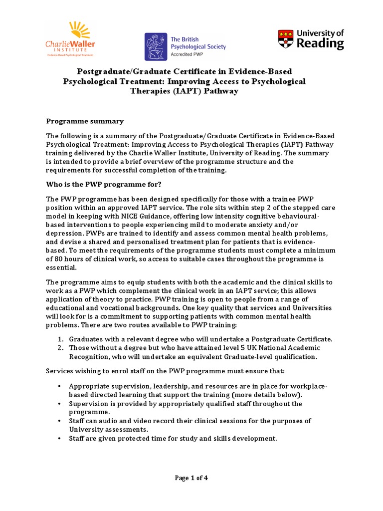 IAPT Pathway: Evidence-Based Treatment Certificate | PDF | Postgraduate ...