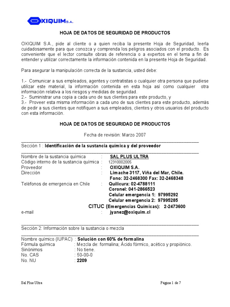 Sal Plus Ultra | Formaldehído | Residuos