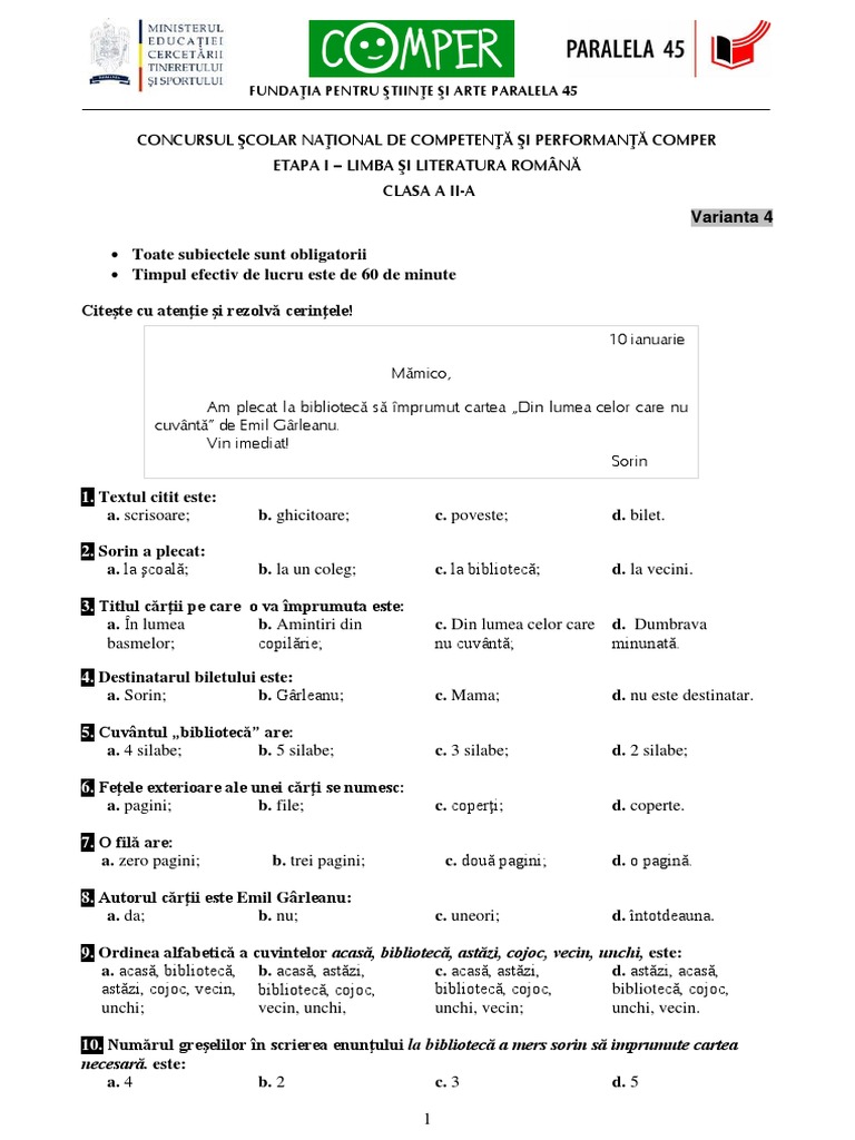 Teste Comper Clasa A 2a | PDF