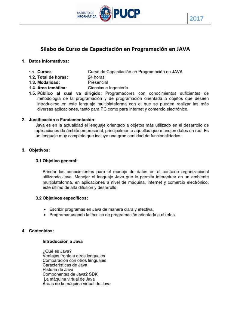 Sílabo de Curso de Capacitación en Programación en JAVA | PDF | Java (lenguaje de programación ...