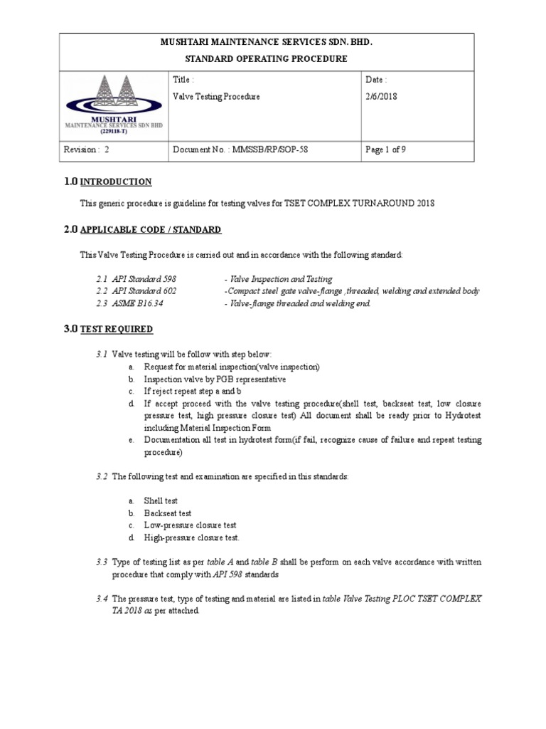 Valve Testing Procedures | PDF | Valve | Mechanical Engineering